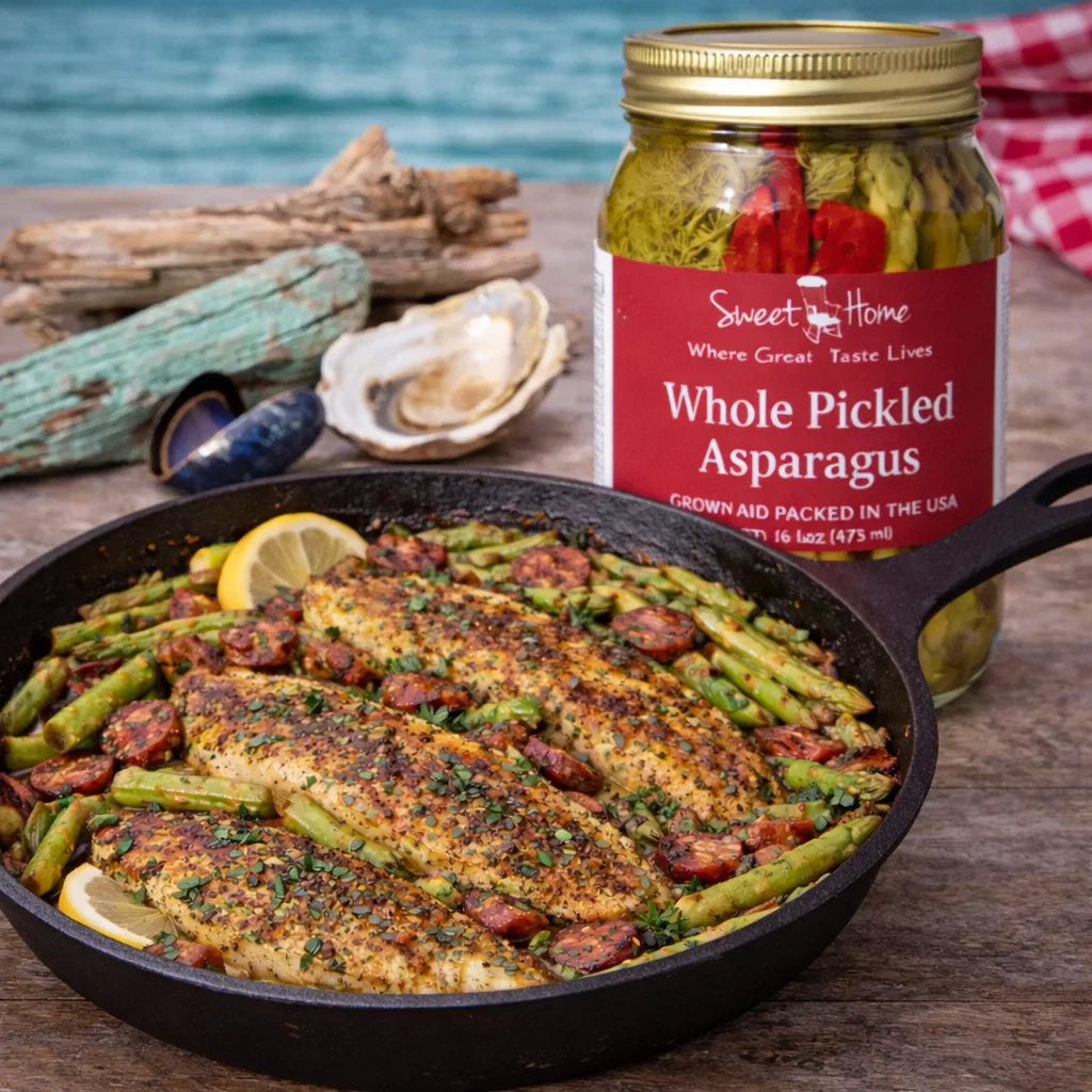 Cahaba River Sautéed Catfish with Conecuh Sausage & Pickled Asparagus ...