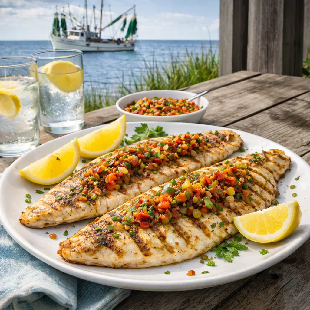 Mobile Bay Grilled Flounder with Cowboy Hot Pepper Relish – Sweet Home ...